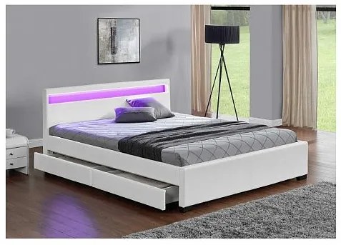 Manželská postel s úložným prostorem CLARETA 180x200 cm, RGB LED osvětlení, bílá ekokůže