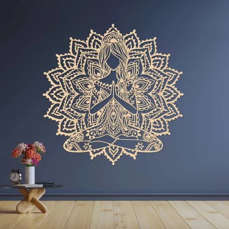 Dřevěná mandala jóga žena – moderní 3D obraz na zeď do obýváku | SENTOP HDF0511