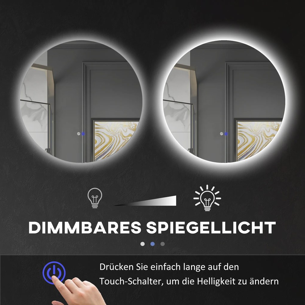 Kleankin kulaté LED nástěnné zrcátko, dotykový spínač, měnící barvu 3000K-6500K, proti mlze, ø 70 cm, bílá/stříbrná