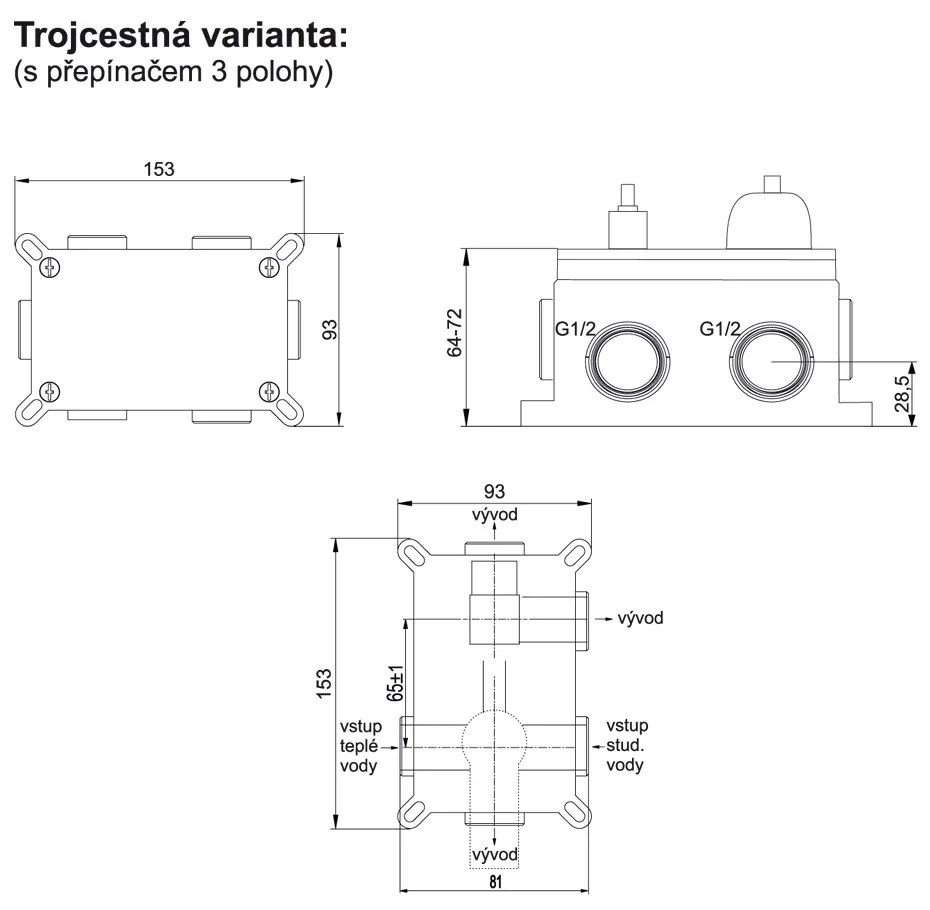 Mereo Mereo, Sprchová podomítková baterie s trojcestným přepínačem, Eve, Mbox, CBV60157A