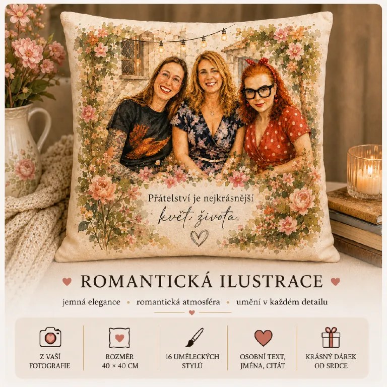 Personalizovaný polštář z fotografie – umělecký portrét 45 × 45 cm Styl portrétu:: Styl Srdcem darované
