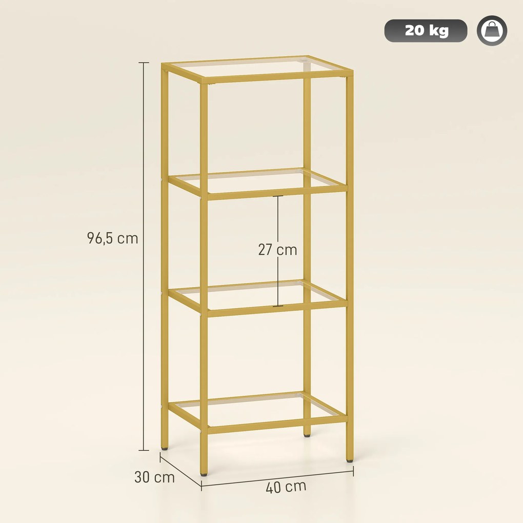 HOMCOM regál s 4 úrovněmi, minimalistický, z kovu a tvrzeného skla, 40x30x96,5 cm, zlatá barva