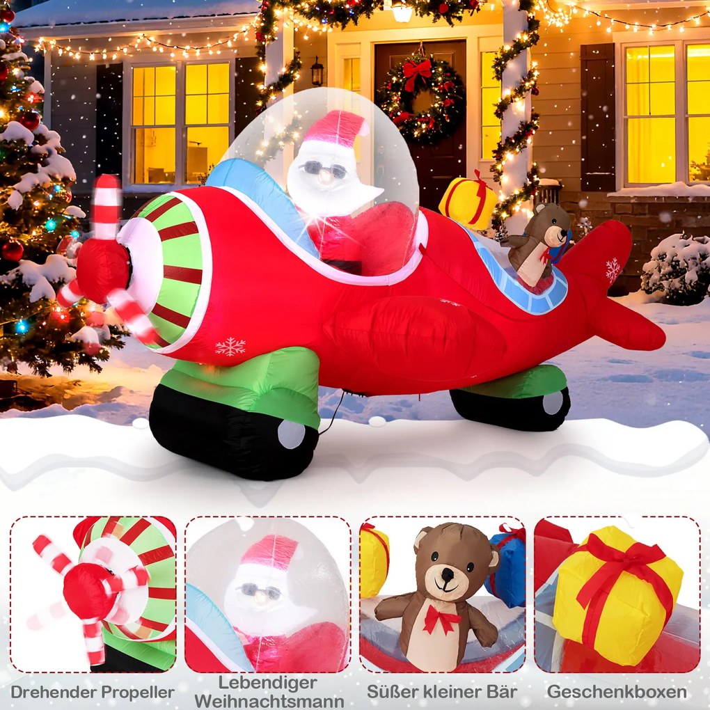 Costway 220 cm Nafukovací Santa Claus v letadle a dárková krabička a LED světla