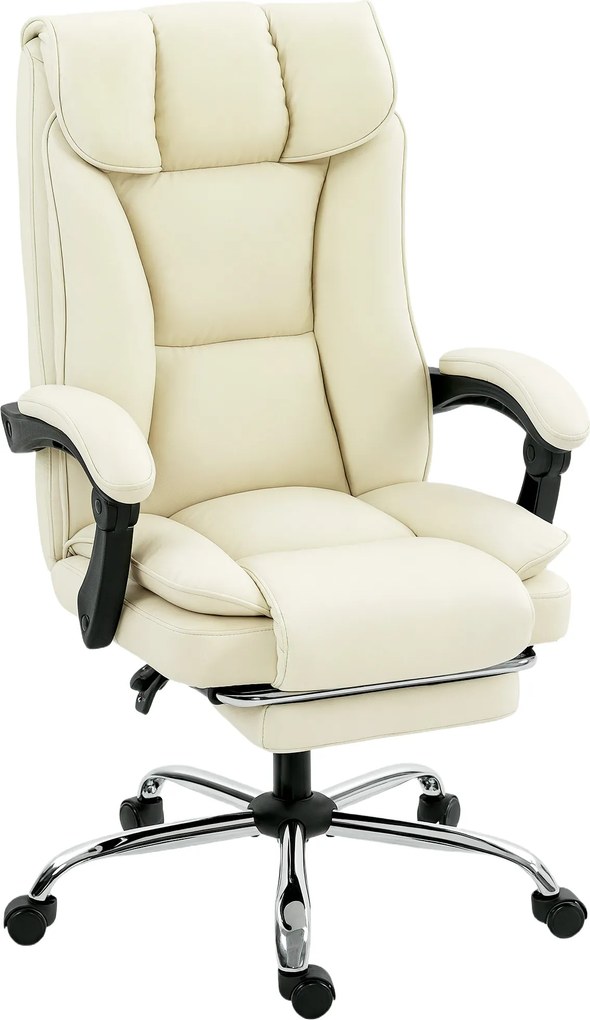 HOMCOM Ergonomická kancelářská židle s opěrkou nohou, potažená umělou kůží, na kolečkách, otočná, kov, béžová+černá