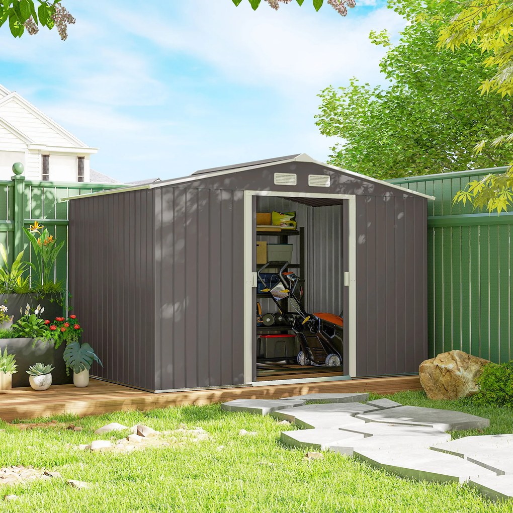 Zahradní kůlna Outsunny 4,9 m² s pultovou střechou, posuvné dveře, základy, 277 x 195 x 192 cm, kůlna z pozinkované oceli, odolná vůči počasí, pro za…