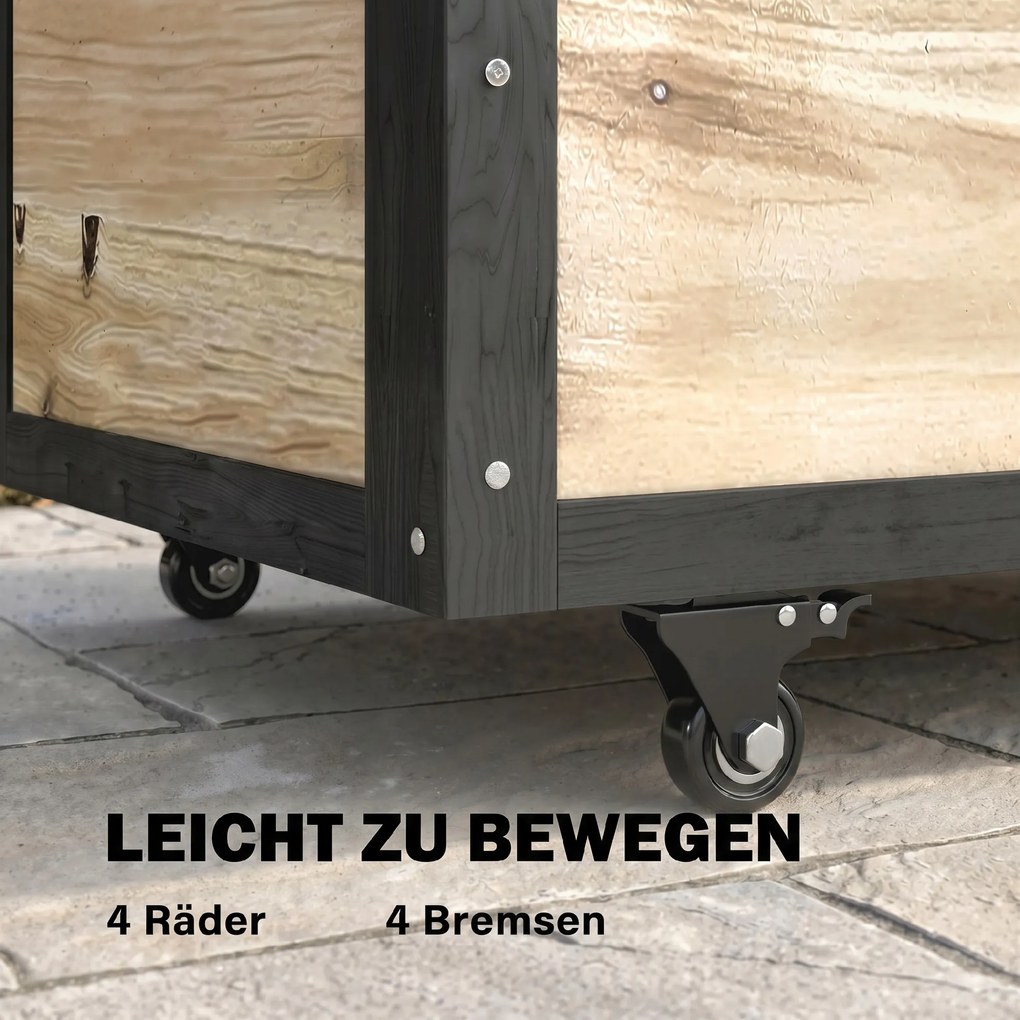 Outsunny zahradní box dřevěný úložný box 121L úložný box na kolečkách, úložný box odolný proti povětrnostním vlivům na balkon, terasu, do přírody