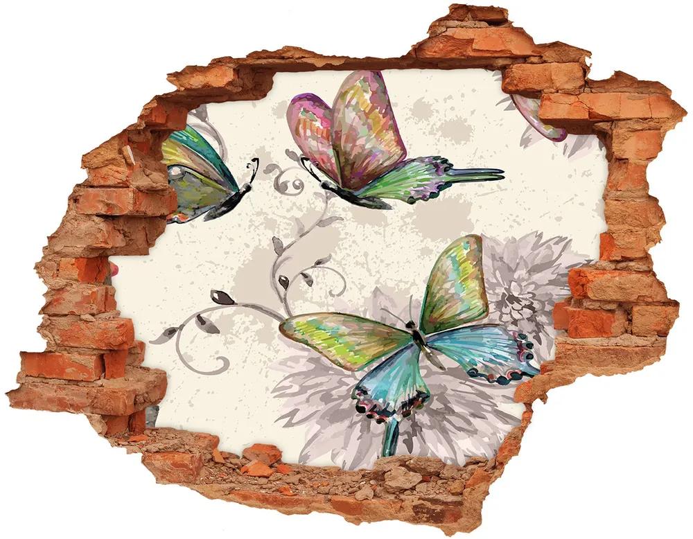 Wallmuralia Díra 3D foto tapeta nálepka Motýli a květiny 90x70 cm