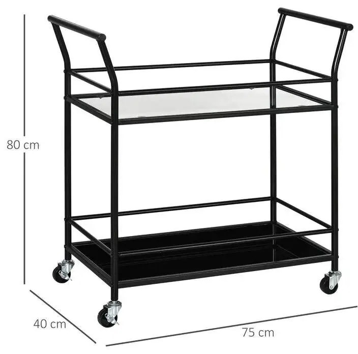 Servírovací stolek, kolečka, kov, tvrzené sklo, černá, sklo čiré, NoBi EMPOLI