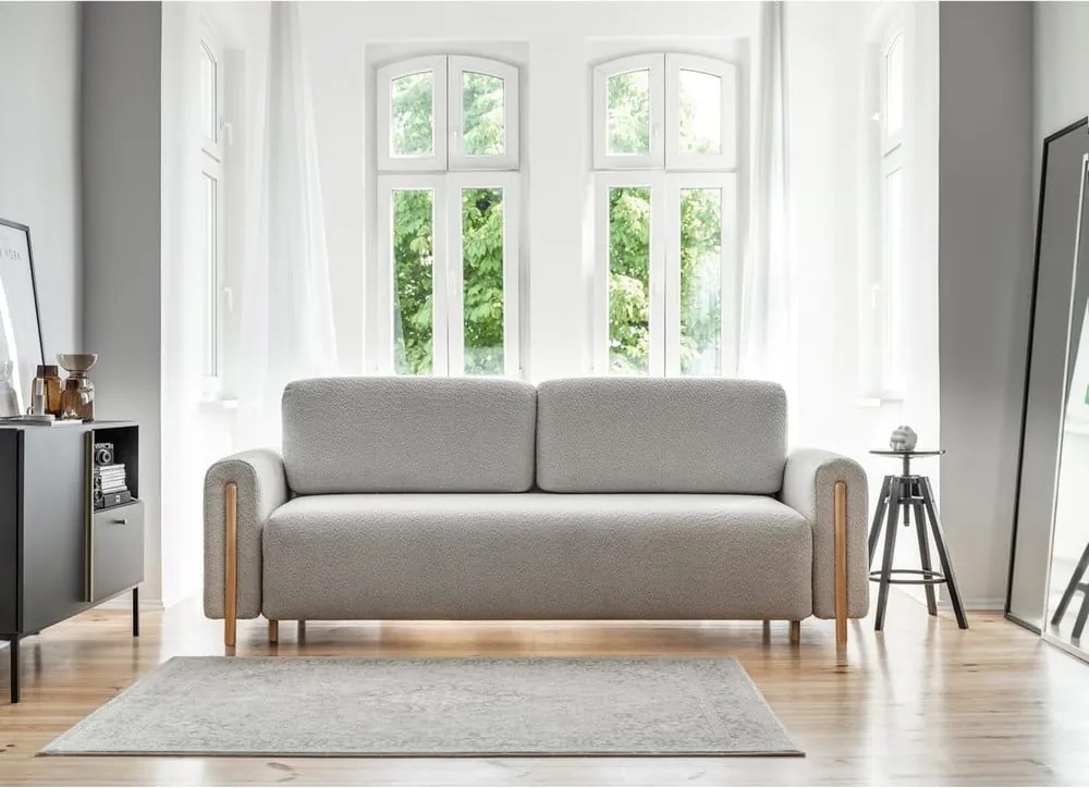 Světle šedá rozkládací/s úložným prostorem pohovka z textilie bouclé 244 cm Arcadova – ELTAP