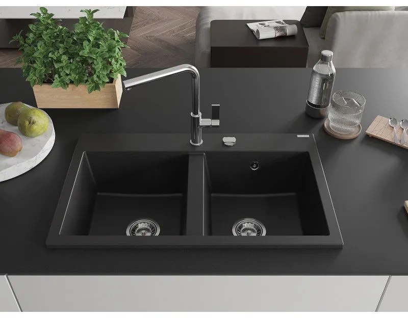 Mexen Hektor, 2-komorový granitový dřez 800x480x205 mm, černá, chromový sifon, 6521802000-77