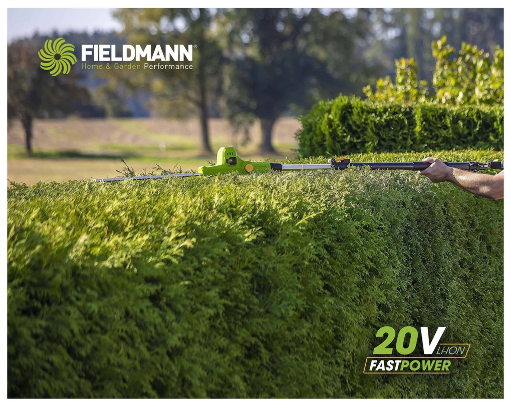 Fieldmann FZN 70405-0 Aku teleskopické plotové nůžky Aku program FAST POWER 20V, Akumulátor Li-ion 1x 20 V / 2 Ah (případně 4 Ah) Délka střihu 430