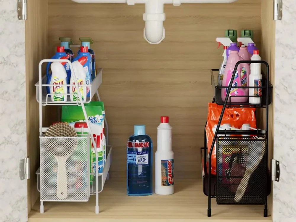 Verk Group Kuchyňský regál v podkroví kuchyňský organizér dvoupatrový stojan s košem