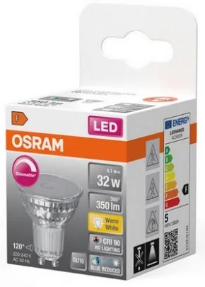 LED žárovka GU10 PAR16 OSRAM 4,1W (32W) teplá bílá (2700K) reflektor 120° stmívatelná