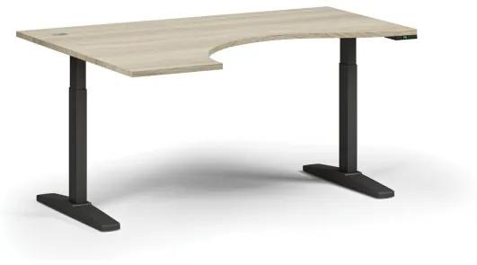 Výškově nastavitelný stůl, elektrický, 675-1325 mm, ergonomický levý, deska 1600x1200 mm, černá podnož, dub přírodní