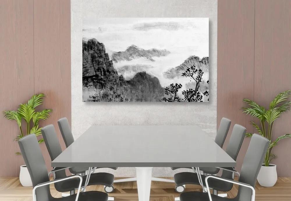 Obraz tradiční čínská malba krajiny v černobílém provedení - 60x40 cm