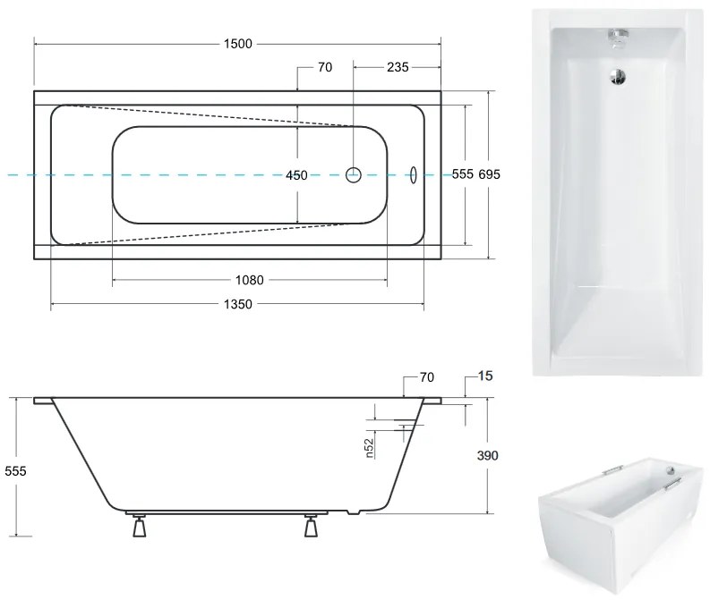 NIKIDO Akrylátová vana MODERN SLIM 140x70, 150x70, 160x70, 170x70, 180x80 Velikost: 140x70