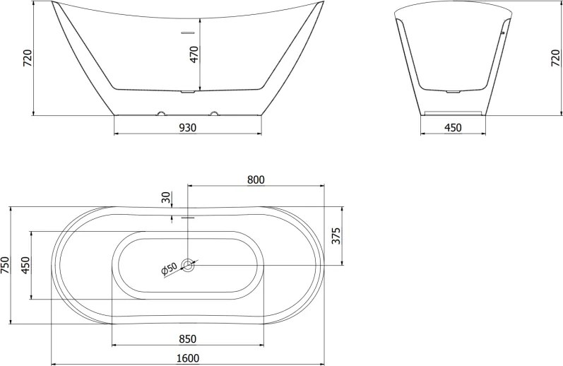 Mexen Lotos, volně stojící vana 160 x 75 cm, bílá, zlatý matný přepad, 52051607700-55