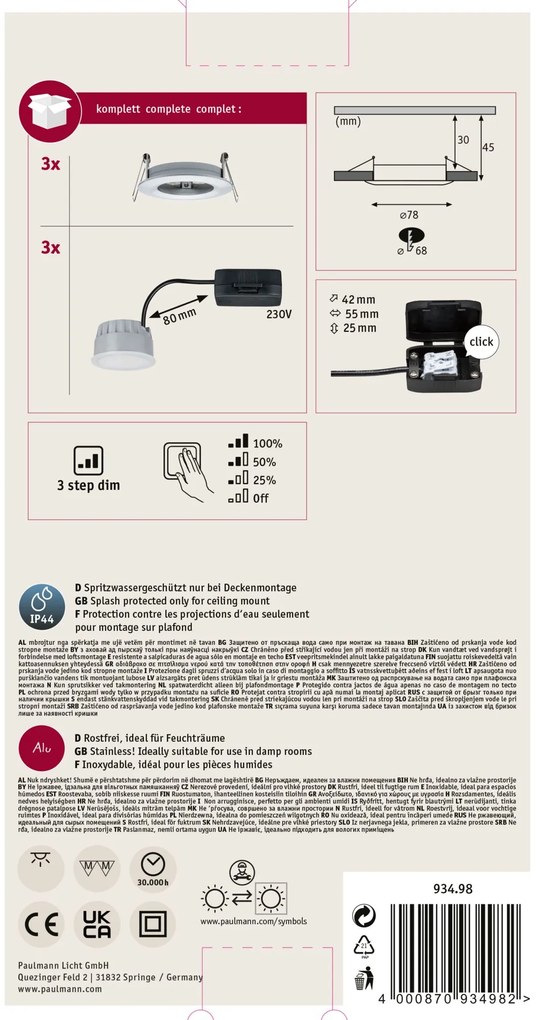Paulmann 93496 LED Coin Nova round, set kulatých bodovek v matně bílé úpravě, LED 3x6,5W 2700K tříkrokové stmívání, prům. 7,8cm