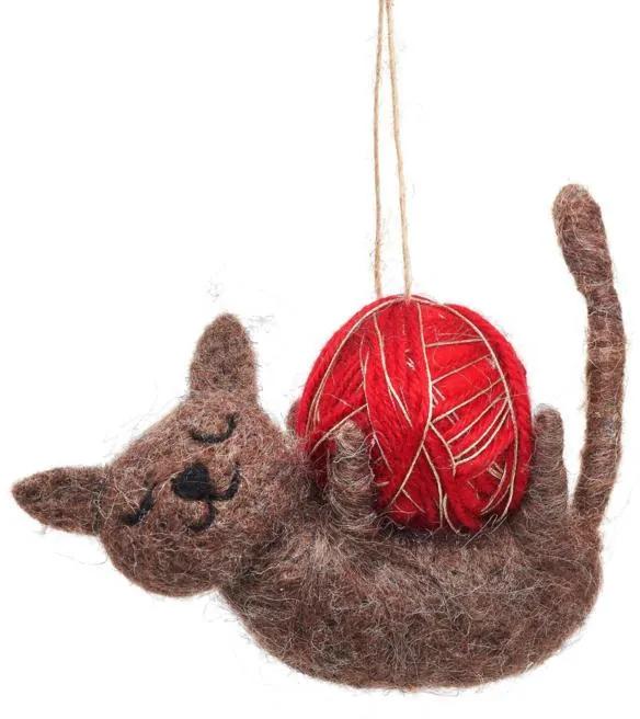 sass & belle Plstěná vánoční ozdoba Cat With Ball Of Yarn, červená barva, hnědá barva, textil
