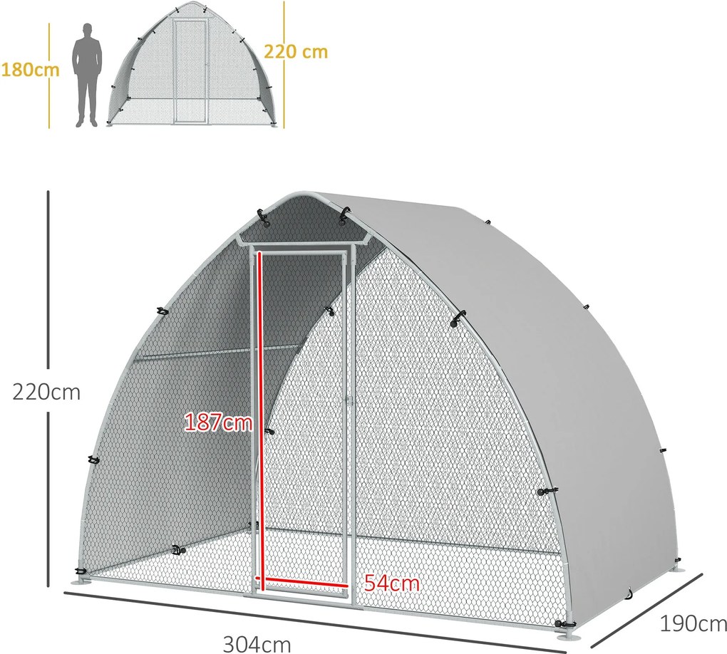 PawHut Velká Kurníková Klientela Pro Kuřata 5.75m² S UV-Ochrannou Střechou, Mřížková Oplocení 3.04D x 1.9Š x 2.2V m, Galvanizovaná Ocel, Zámek Dveře,…
