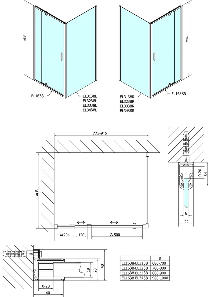 Polysan Polysan, EASY obdélníková/čtvercová sprchová zástěna pivot dveře 800-900x800mm,L/P, sklo Brick, EL1638EL3238