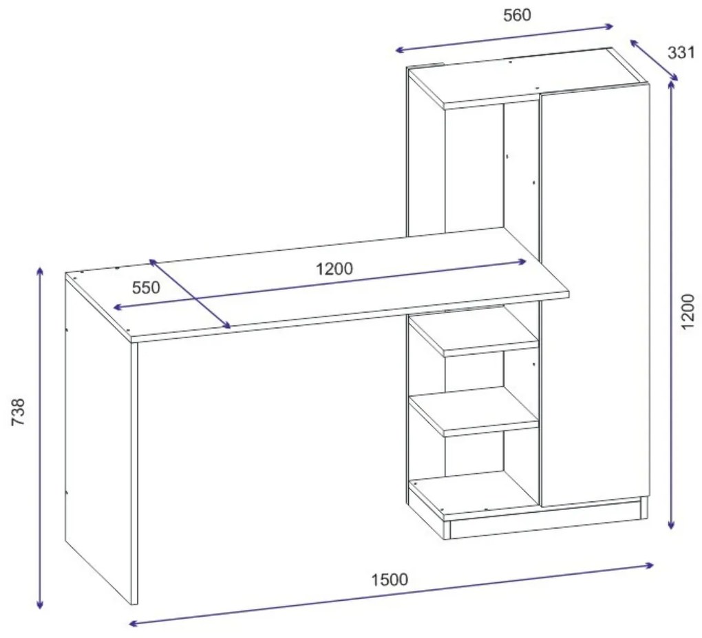 Psací stůl YAGIZ s vestavěnou skříňkou a policemi antracitový