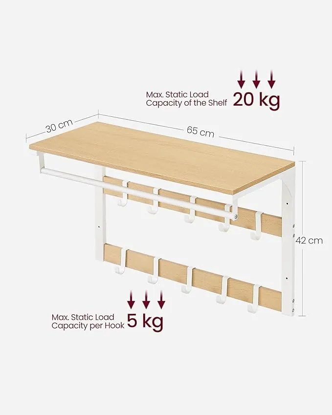 Vasagle Věšák na kabáty nástěnný s policí, přírodní-bílá LCR101W09