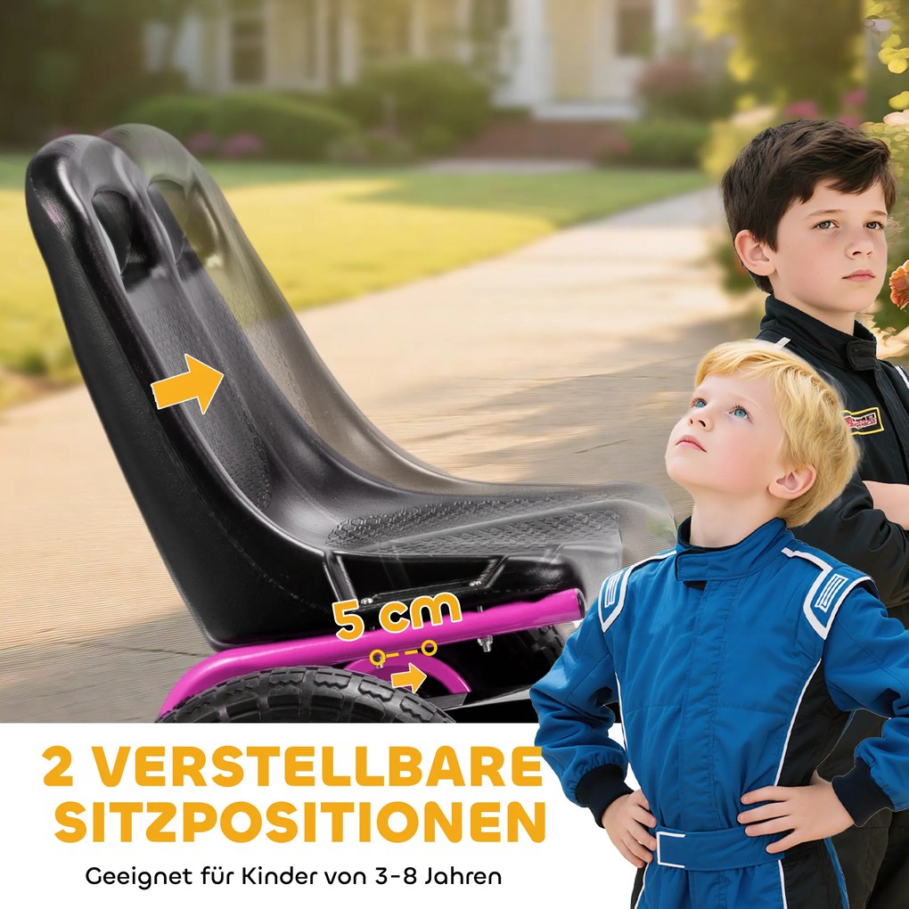 AIYAPLAY Pedálový gokart pro děti, výškově nastavitelné sedadlo, EVA kola, brzda, spojka, 3-8 let, růžová