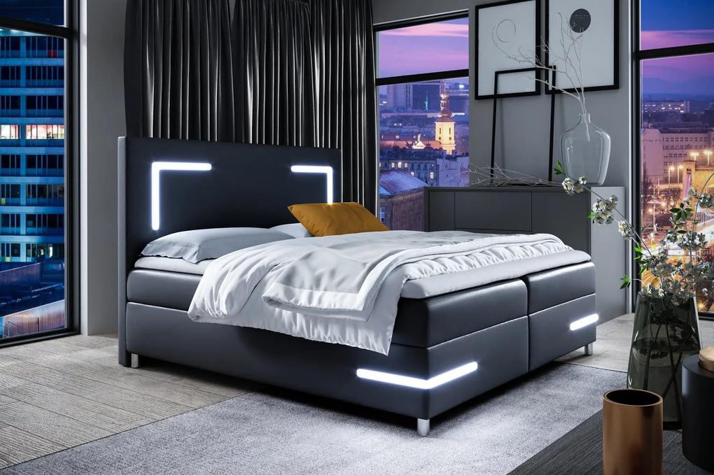 Čalouněná postel s osvětlením KAZIMA - 200x200, černá + topper ZDARMA