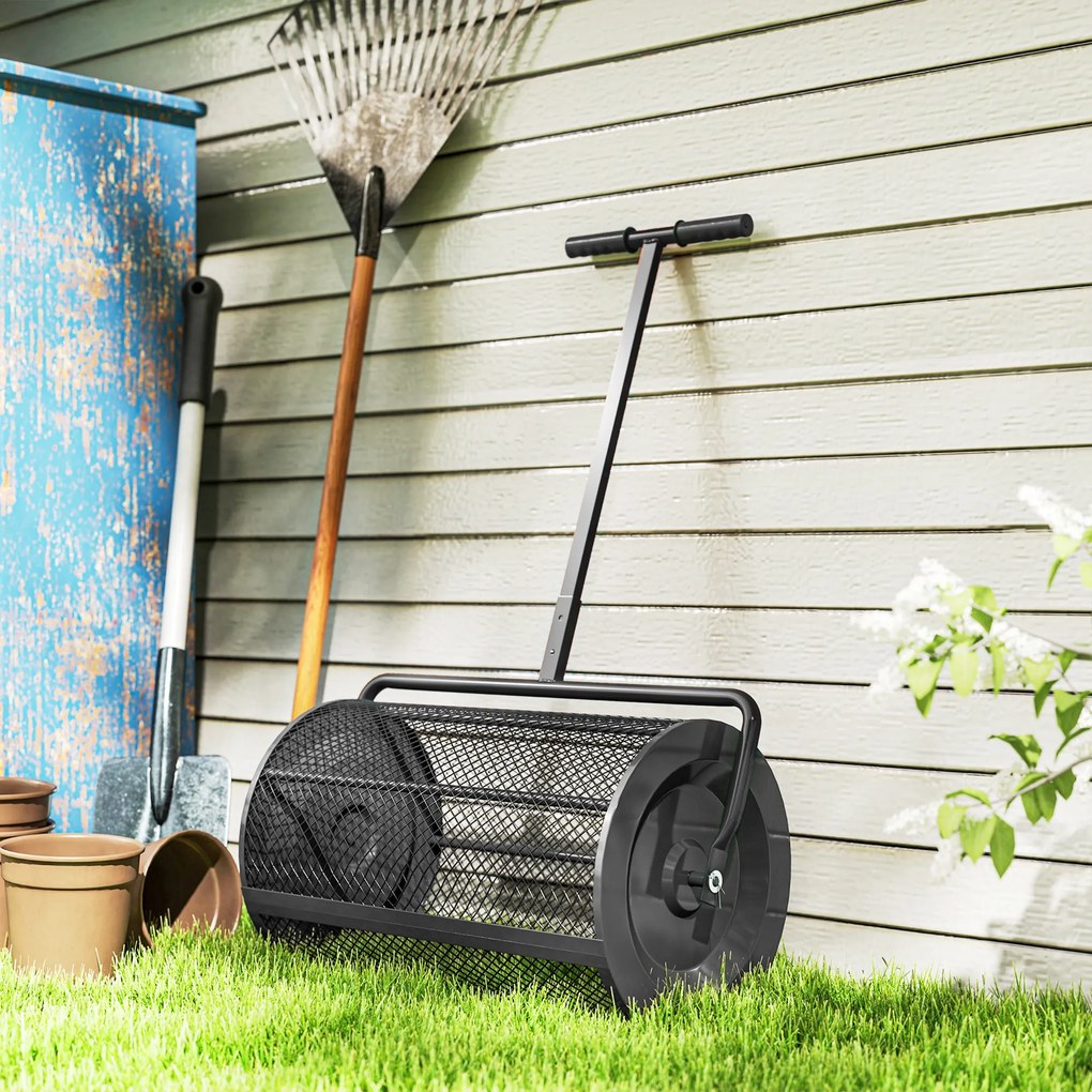 Kompostér Outsunny 75L 61x40cm - Rozmetadlo hnojiv pro zahradu s T-rukojetí, kovová síťka a rozmetadlo pro rašelinu