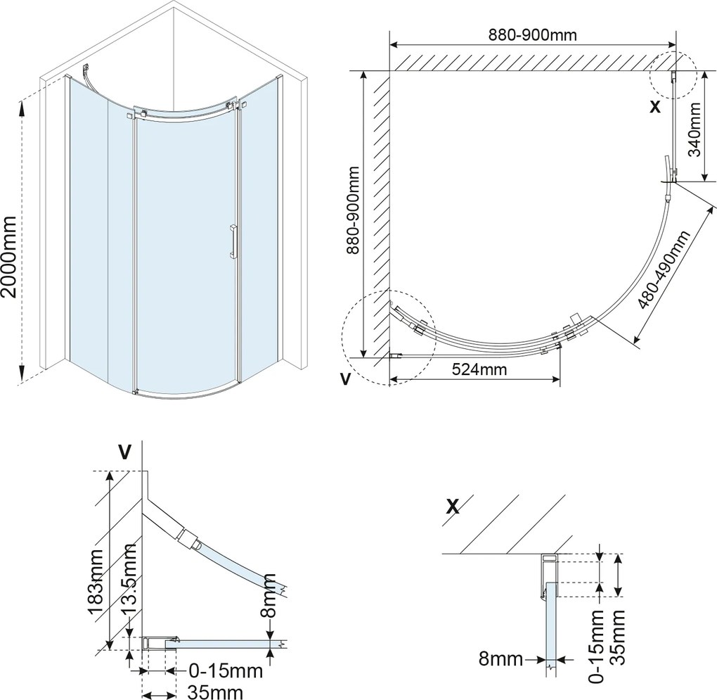 Polysan Polysan, THRON SQUARE čtvrtkruhová sprchová zástěna 900x900mm, čiré sklo, levá, TL2690-5002