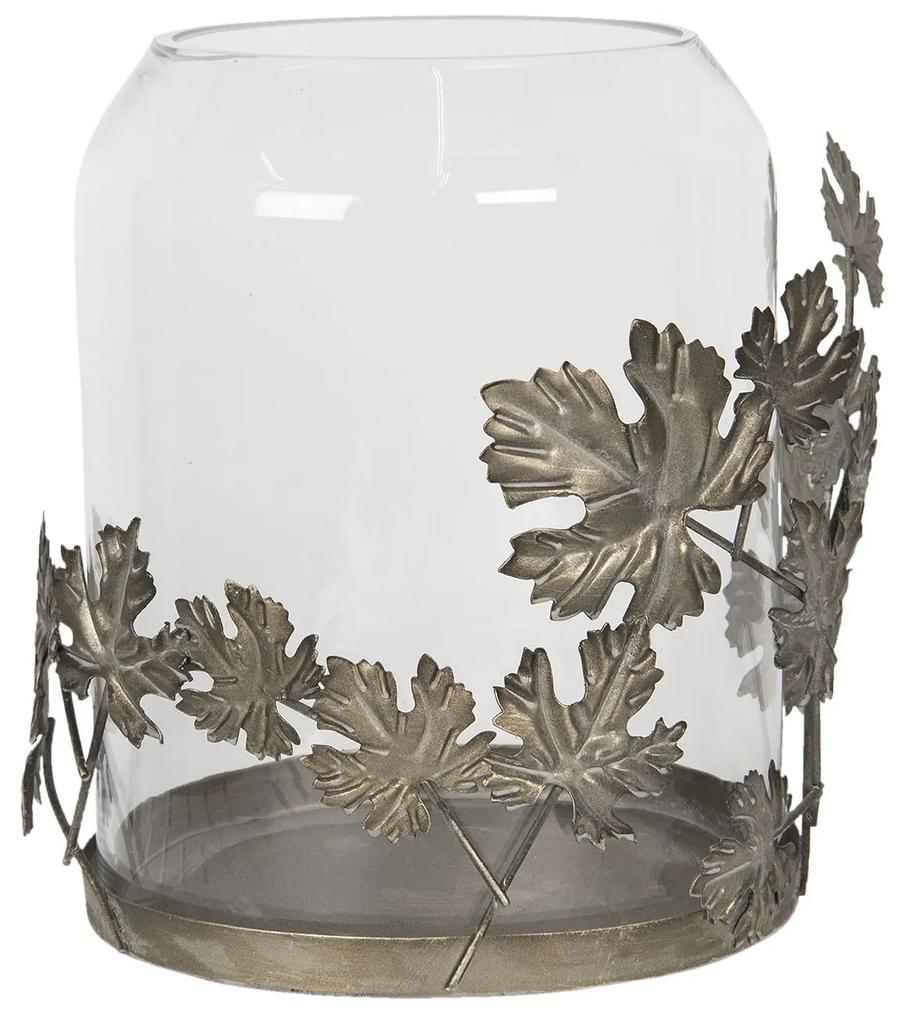 Skleněná lucerna s kovovými ozdobnými listy – Ø 21*27 cm