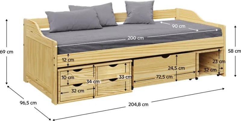 Postel 90x200 s úložným prostorem, přírodní, masiv, MAXI NEW Kondela 0000274652