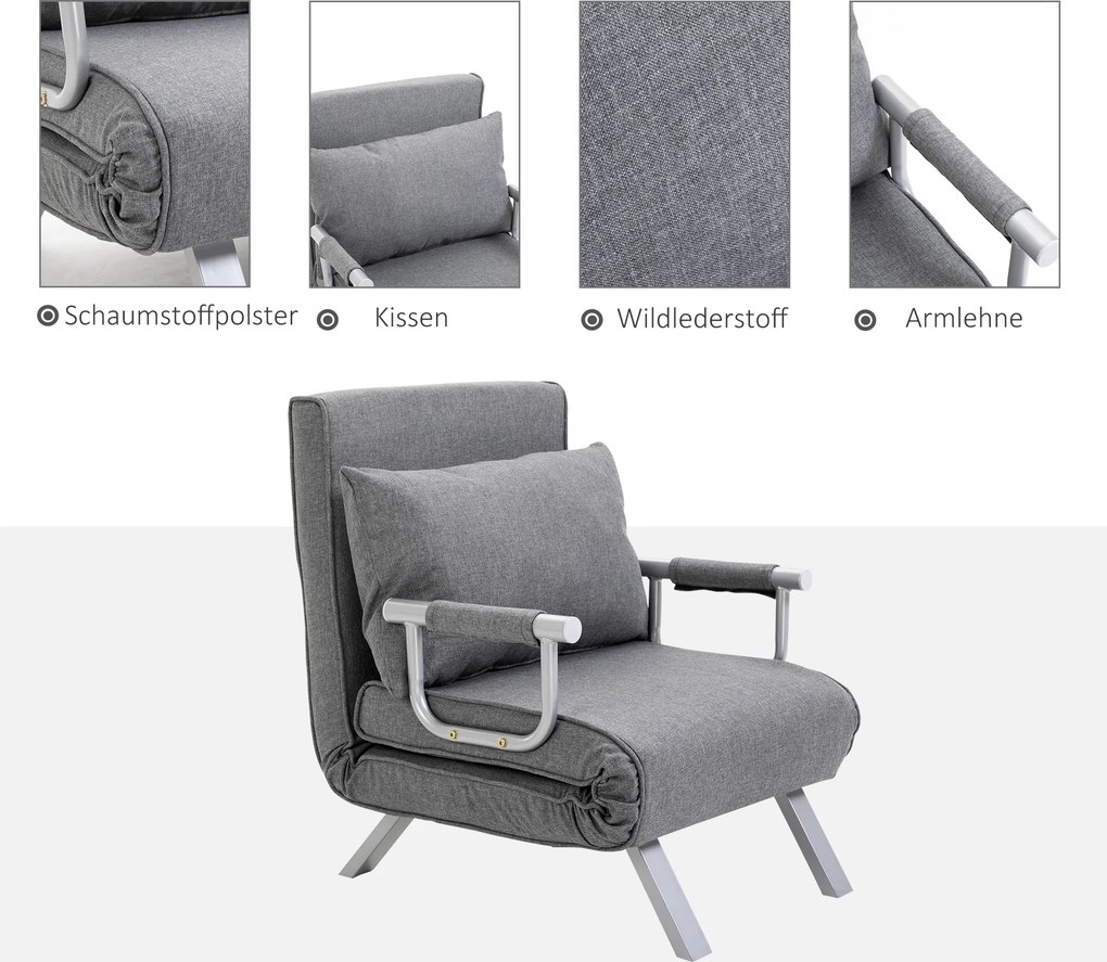 HOMCOM Rozkládací pohovka s područkou 65x69x80cm Rozkládací pohovka 3 v 1, lůžko pro hosty, lehátko, polyester podobný lnu, šedá| Aosom
