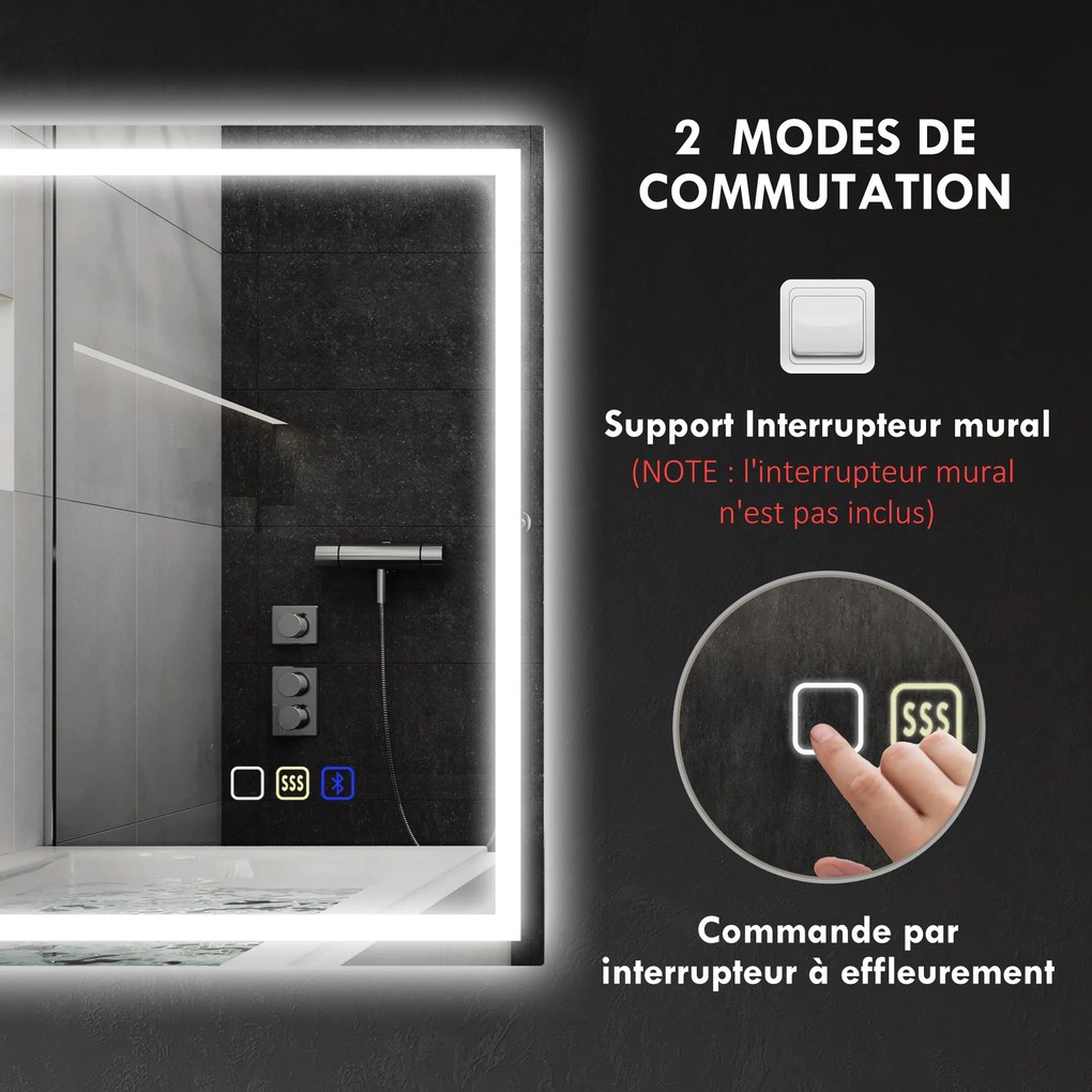HOMCOM Koupelnové zrcadlo LED Bluetooth 80 x 100 cm dotykový spínač, nastavitelný světelný výkon 3 barvy, Anti-Fog, paměť, stříbrné
