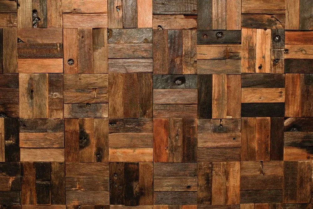 Dřevěná lodní mozaika - obkladový panel 300 x 300 x 7 - 14 mm (0,09 m²)