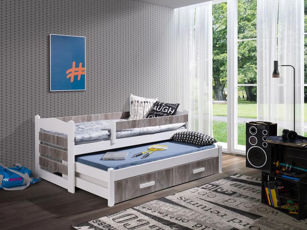 Rozkládací postel Tiago II s úložným prostorem 90x200 cm (Š 97 cm, D 205 cm, V 76 cm), Bílý akryl, Dub sonoma PVC, bez matrací, se zábrankou