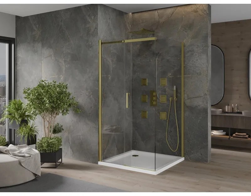 Mexen Omega posuvný sprchový kout 100 x 100 cm, 8mm sklo, zlatý profil-čiré sklo + slim sprchová vanička 5cm, 825-100-100-50-00-4010
