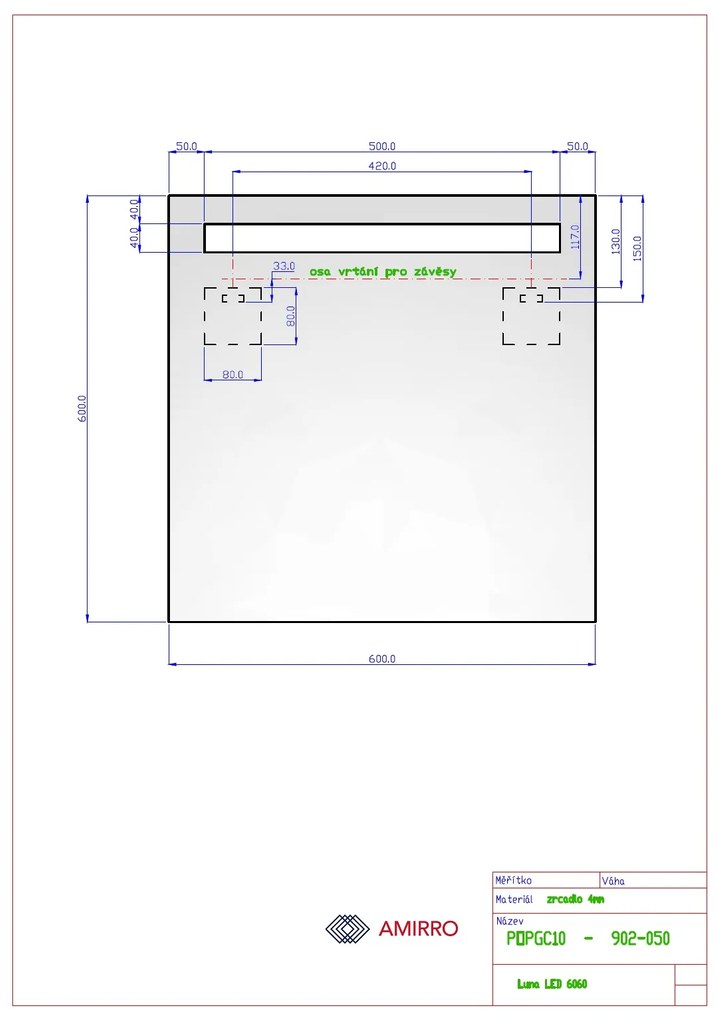 Amirro Zrcadlo na zeď chodbu do pokoje ložnice předsíně koupelny LUNA - 60 x 60 cm s LED podsvíceným pruhem 902-050