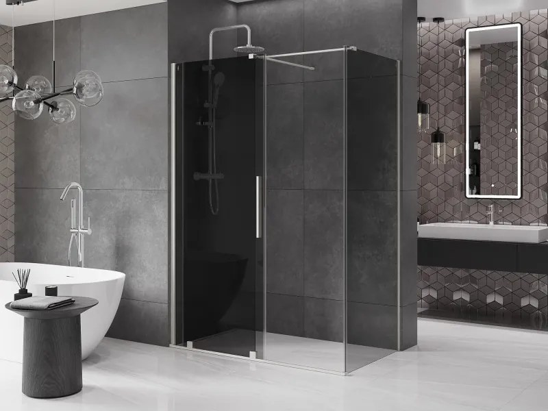 Mexen Velar, sprchový kout s posuvnými dveřmi 150 x 90 cm, 8mm šedé sklo, broušená ocel, 871-150-090-41-97