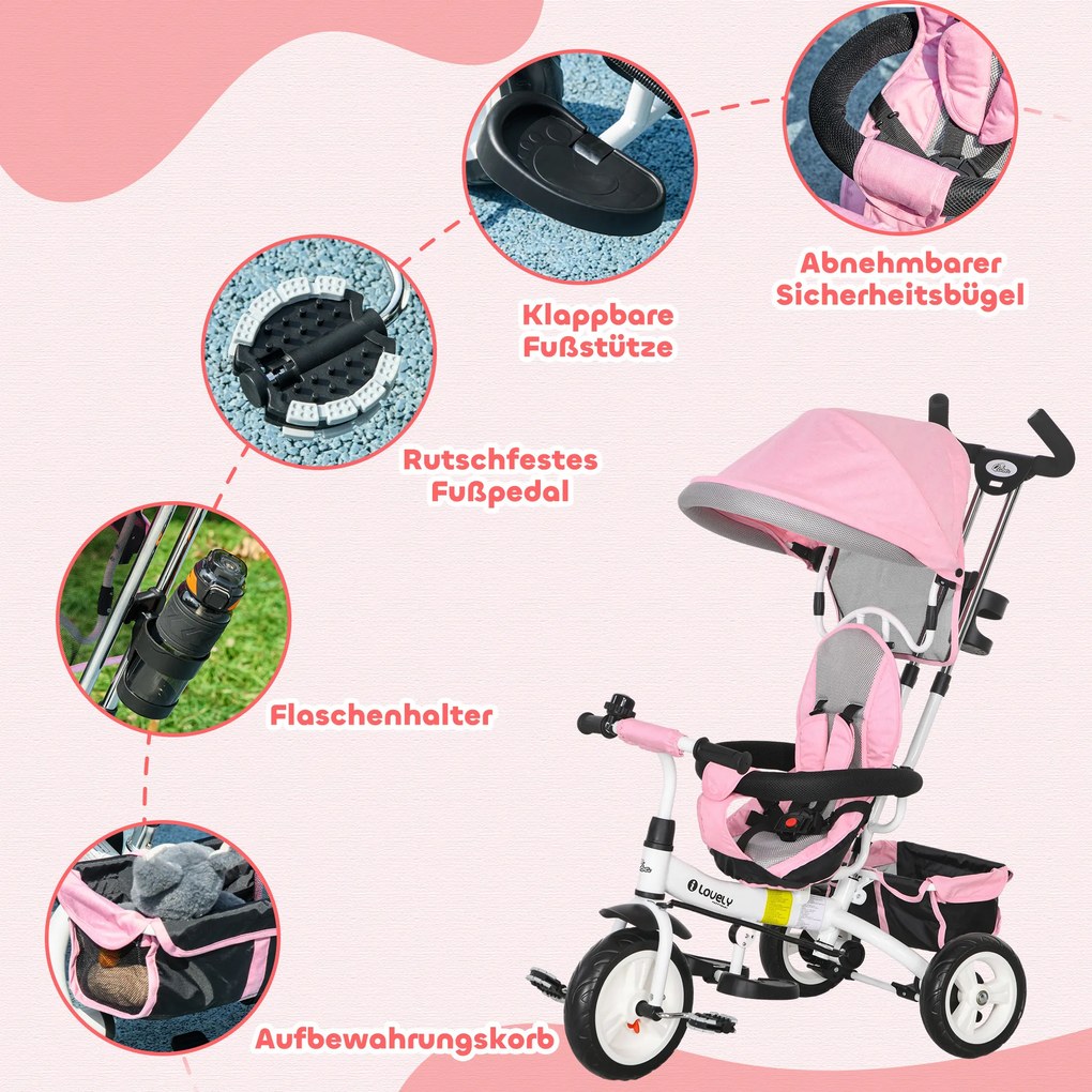 6-in-1 Kinderdreirad mit Schiebestange, Dach, Gurt, Ablagekorb, für 1-5 Jahre, Rosa