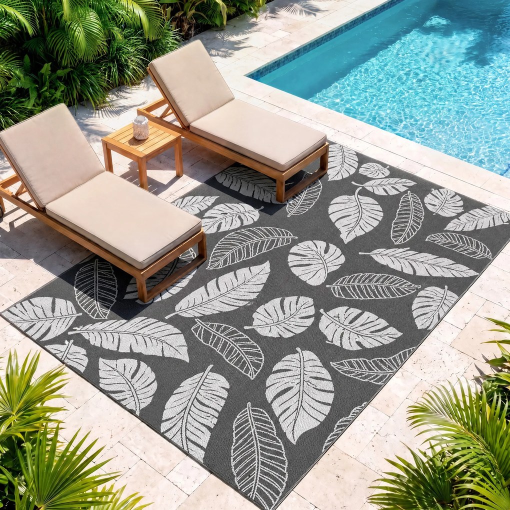 Outsunny venkovní koberec z plastu odolný proti povětrnostním vlivům 182x274cm oboustranný design pro balkon terasu šedá bílá