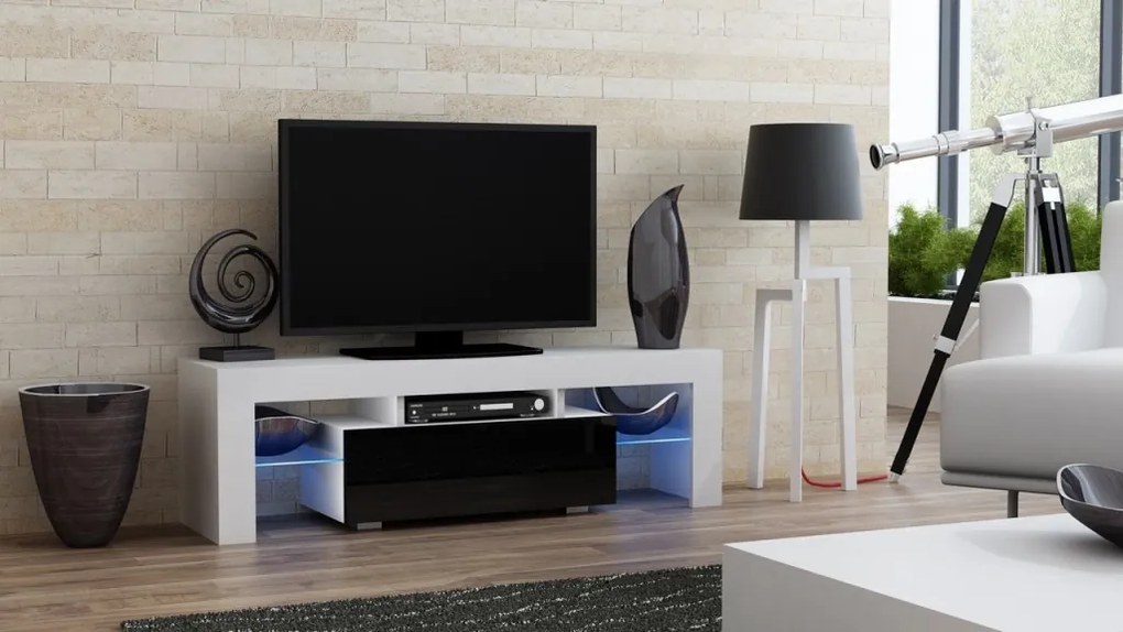 Mazzoni TV stolek MILA lesk 130 LED bílá, černá zásuvka
