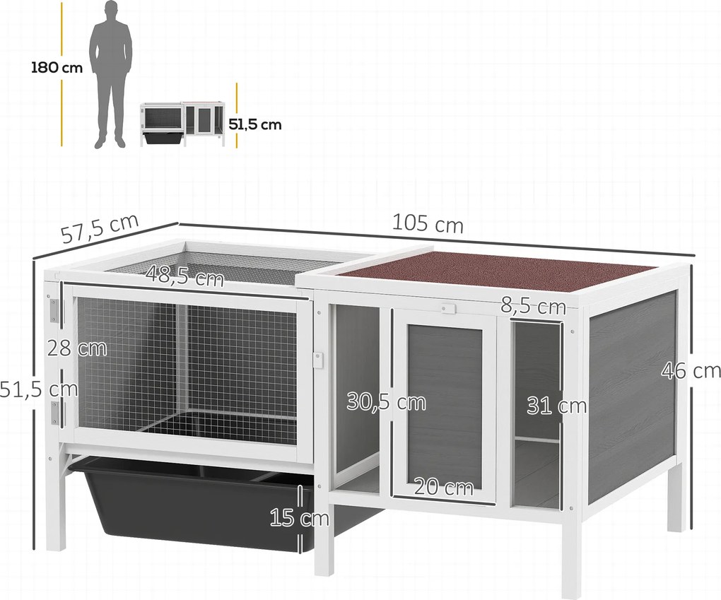 Dřevěná králíkárna s volným výběhem, rampa, 3 vchody, výsuvná vanička, 105 x 57,5 x 51,5 cm Šedá barva