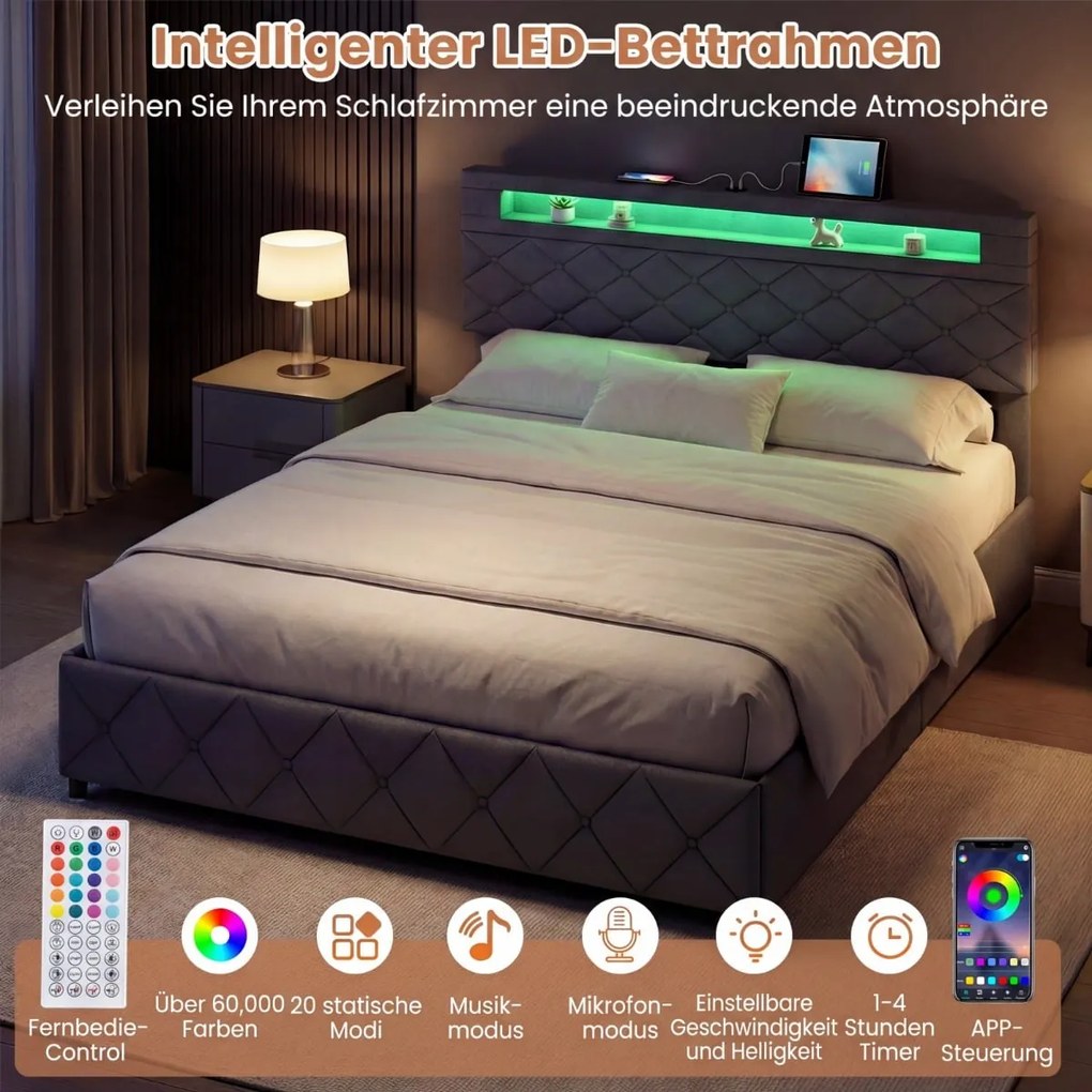Costway Čalouněná postel s LED osvětlením Nabíjecí stanice (2 USB porty) Rám