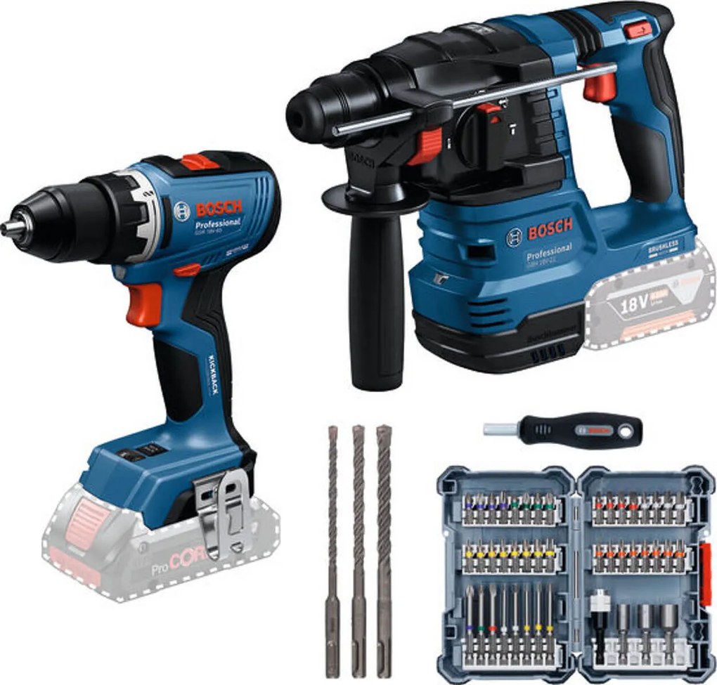 Bosch sada GSR 18V-65 + GBH 18V-22 + 45dílná sada šroubováků + 3dílná sada vrtáků 0615V0003E