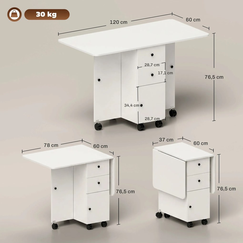 Skládací jídelní stůl HOMCOM s kolečky, skládacími křídlovými deskami, šuplíky a skříňkou pro 4-6 osob 120x60x76,5 cm Bílý