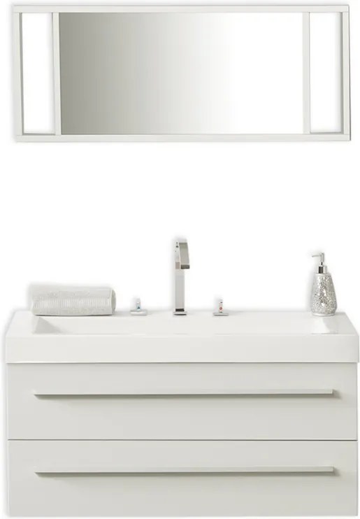 Bílý nástěnný nábytek do koupelny se zásuvkou a zrcadlem - BARCELONA