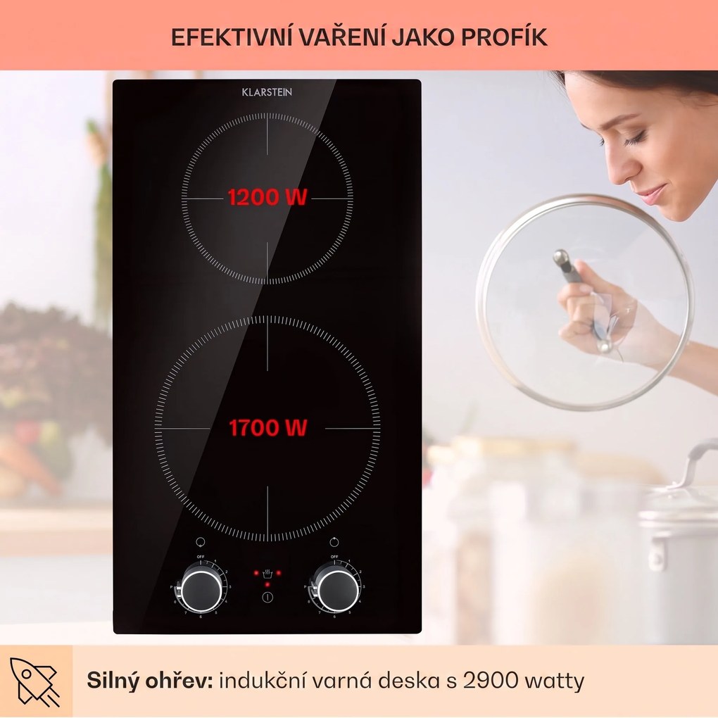 Klarstein Kochheld, indukční varná deska, 2900 W, 2 zóny, otočné regulátory, sklo, černá