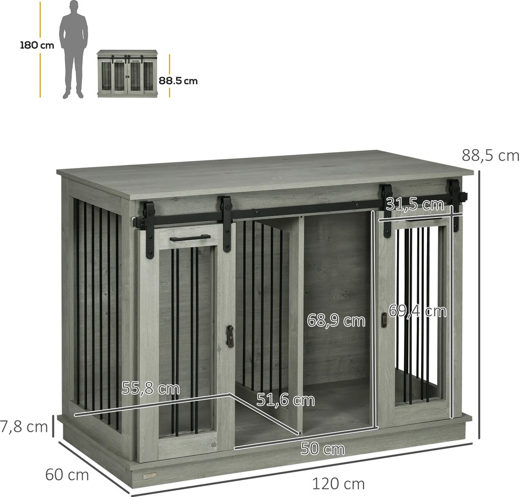 PawHut Psí Obojek s Možností Dvou Místností, Moderní Kovový Box pro Psy s 2 Dveřmi, Psí Dům pro Velké Psy do 30 kg, Psí Dům 120 x 60 x 88,5 cm Šedý